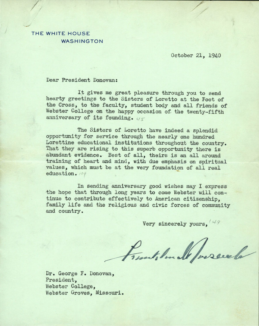 Document: President Roosevelt's 1940 letter to Webster University ...